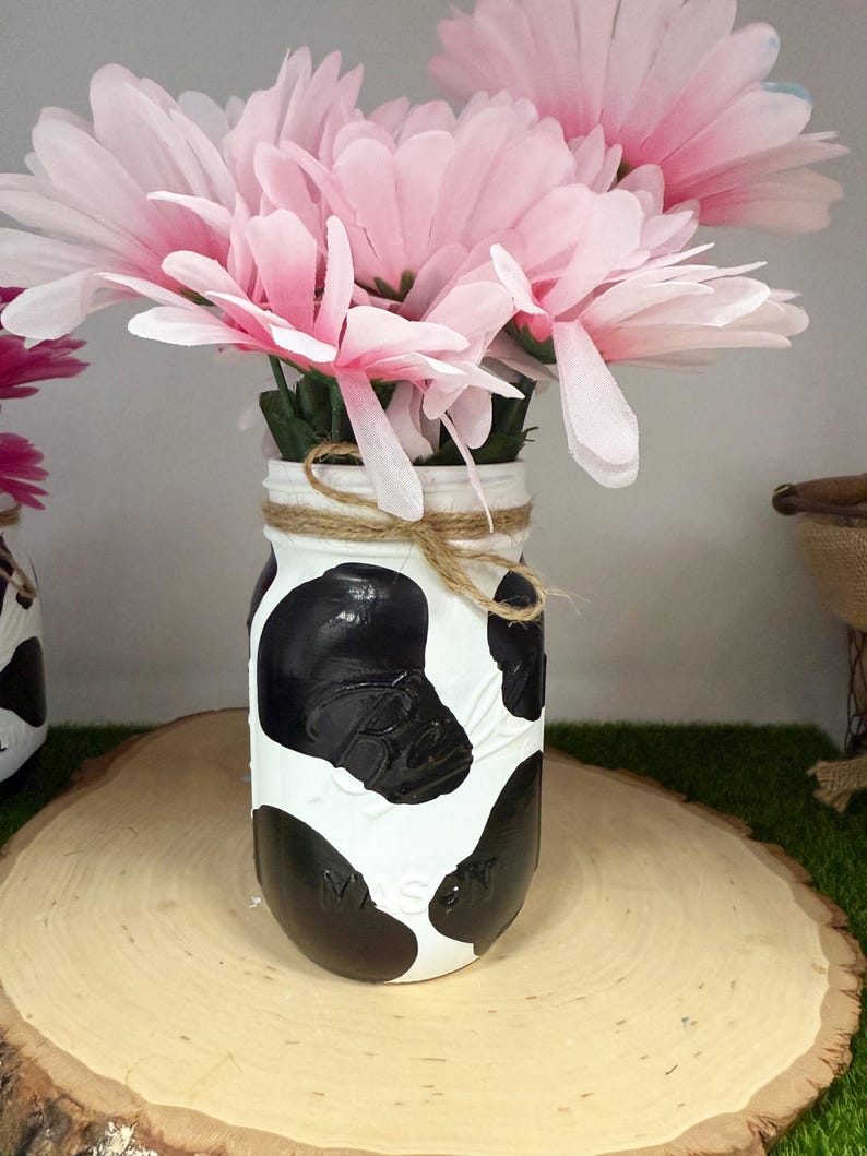 Hand Painted Cow Print Mason Jar - Cow Mason Jar Centerpieces - Animal ...