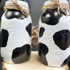 Hand Painted Cow Print Mason Jar - Cow Mason Jar Centerpieces - Animal ...