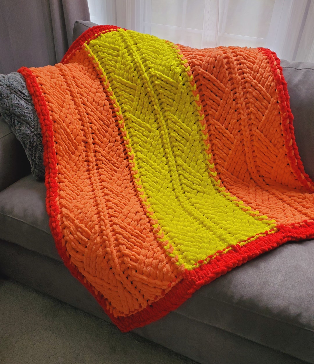 Orange and Yellow Woven Columns Knit Blanket: Medium Sized Throw ...