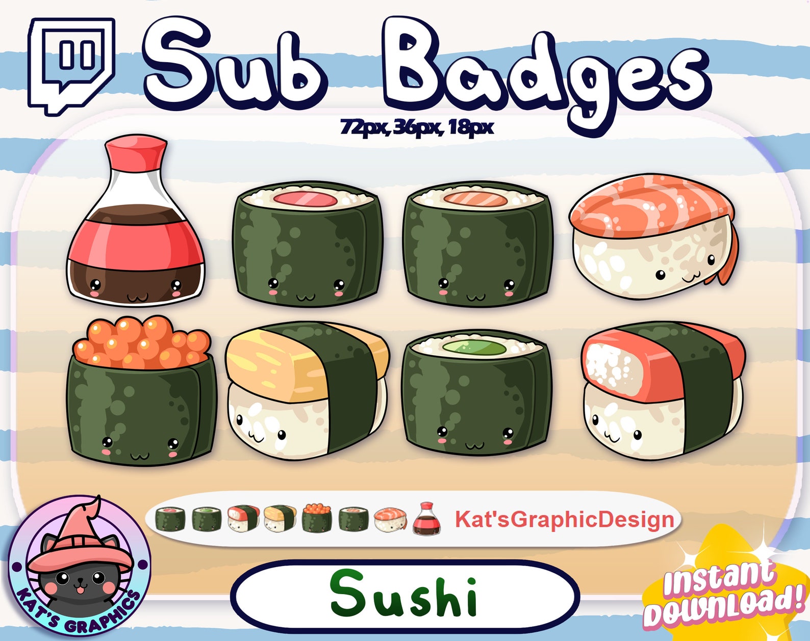 Kawaii Sushi Twitch Sub Badges | Subscriber Badges | Bit Badges | Fish ...