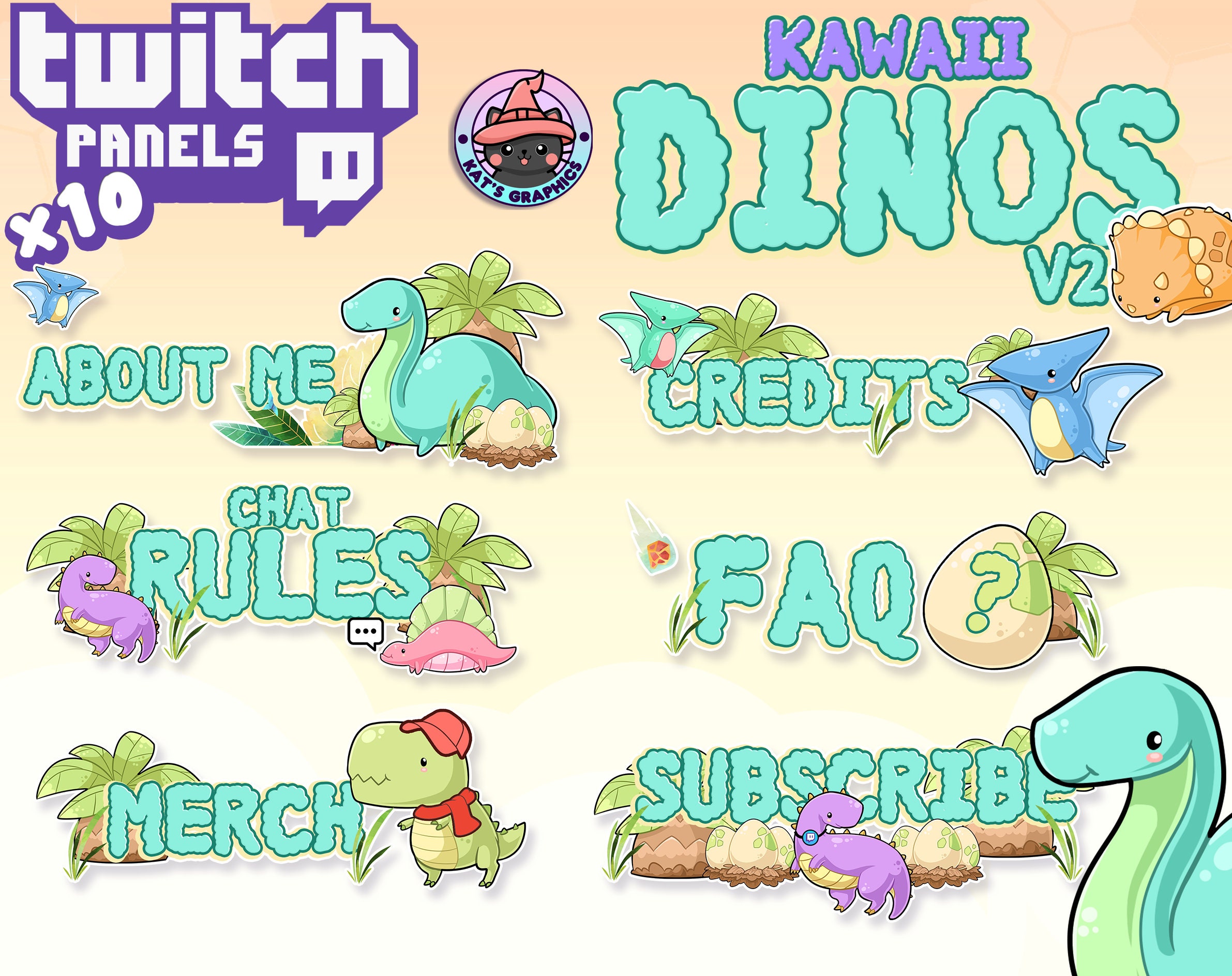 KAWAII DINO Dinosaur V2 Twitch Streamer Panels / Buttons X10 - Etsy