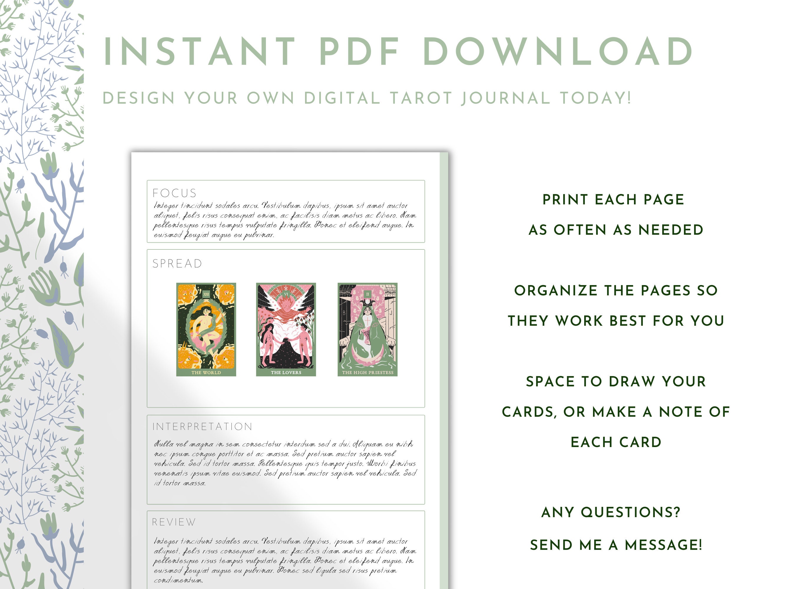 Botanical Printable Tarot Journal, Tarot Card Journal, Daily, Weekly ...