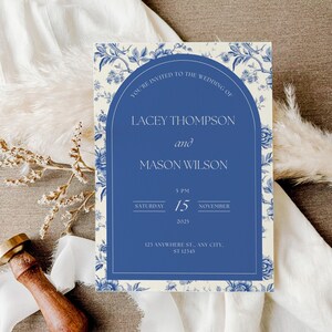 Editable Blue Toile Wedding Invitation Chinoiserie Wedding Invitation ...