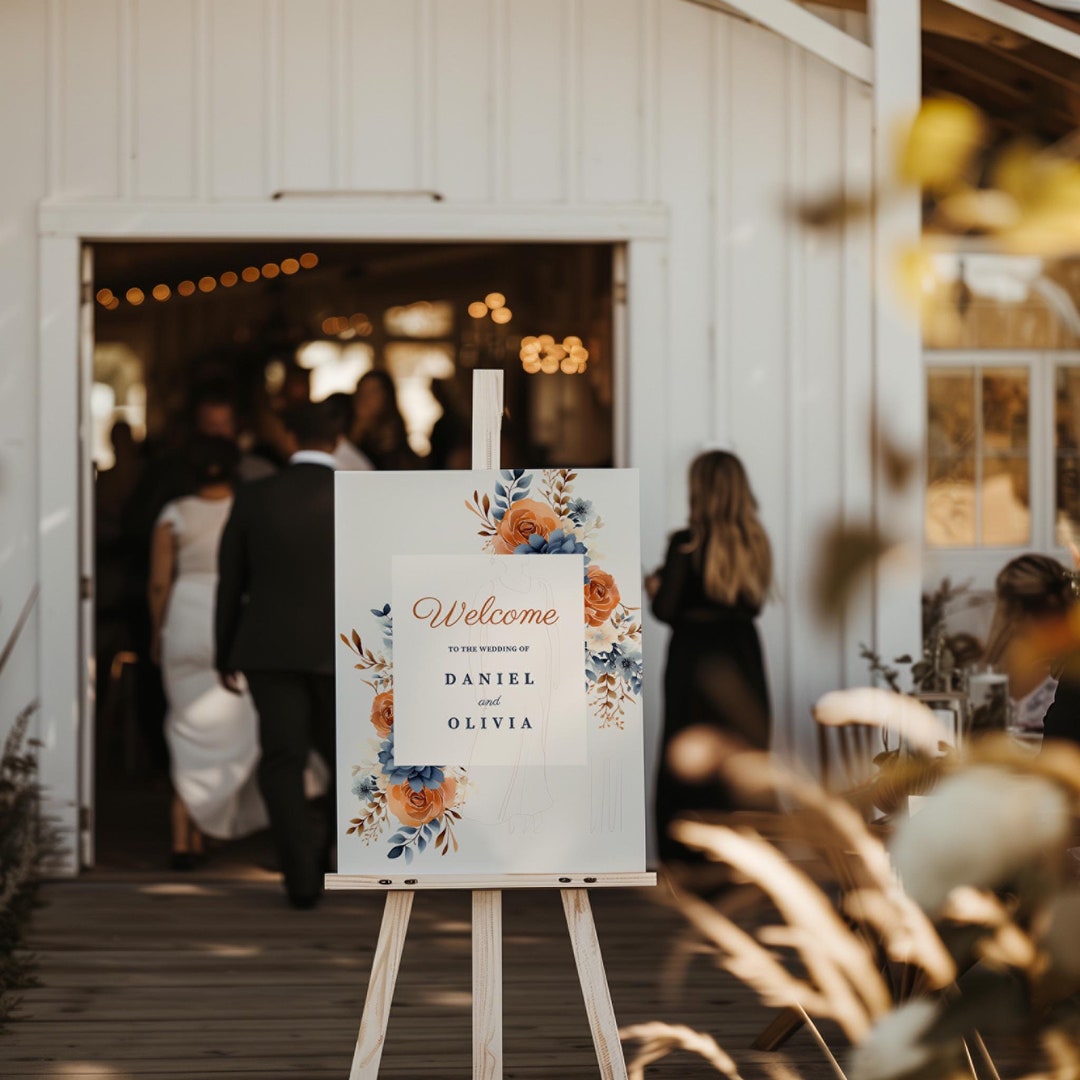 Editable Navy Blue Rust Wedding Welcome Sign Template Fall Floral ...