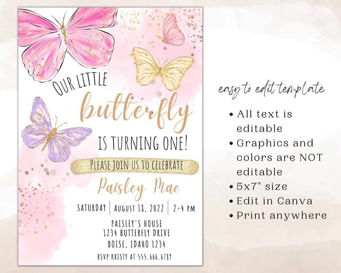 Editable Butterfly Birthday Invitation Girl Butterfly Party - Etsy