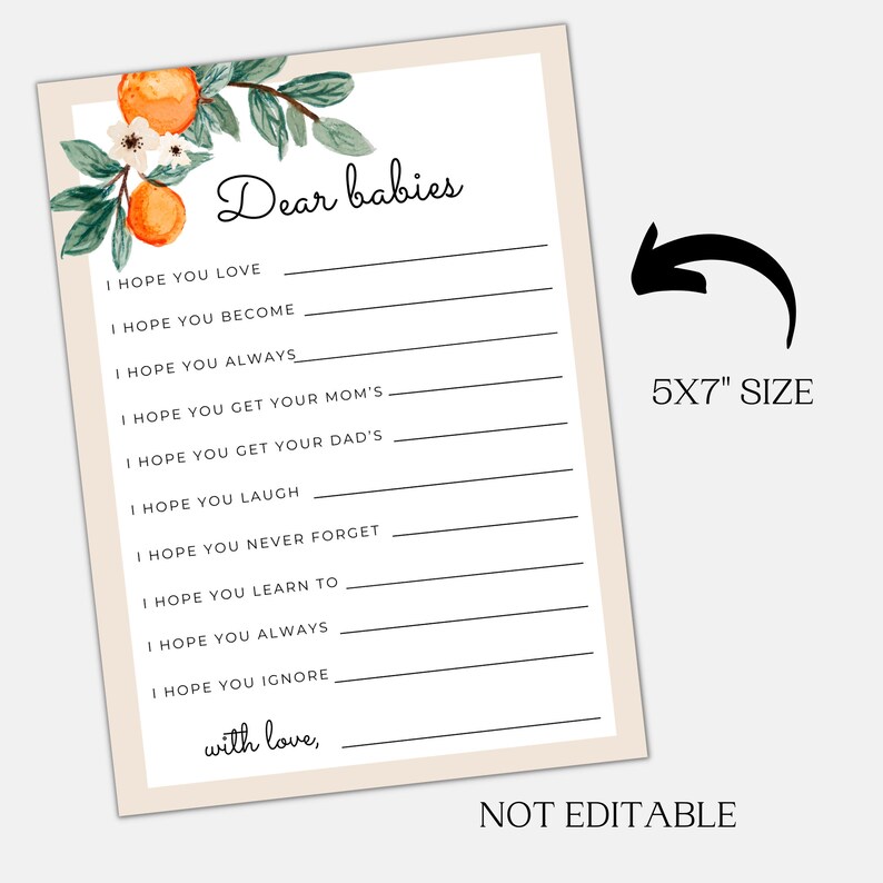 Printable Twin Baby Shower Wishes Card Cutie Dear Babies Wish Cards ...