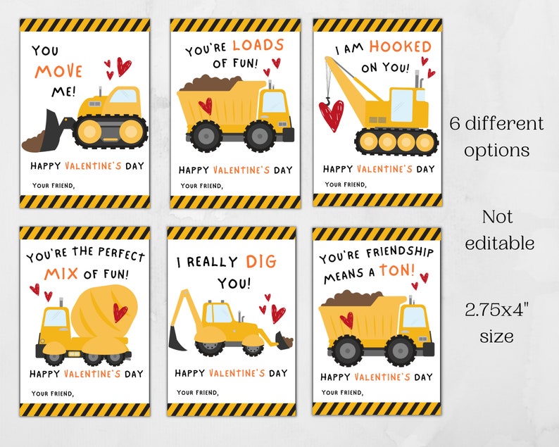 Printable Kid Valentine Day Cards, Construction Valentine Cards, School ...