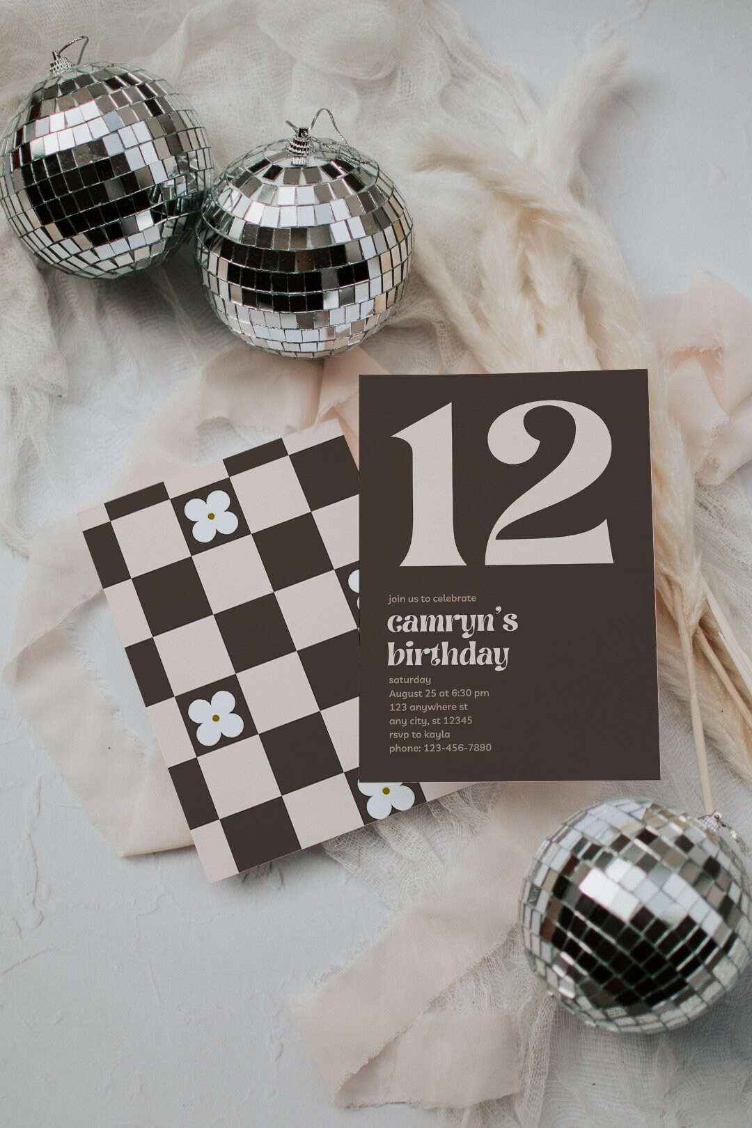Editable Retro Birthday Party Invitation Black White Checker 12th ...