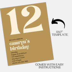 Editable 12th Birthday Invitation Girl Retro Birthday Party Boho Tween ...