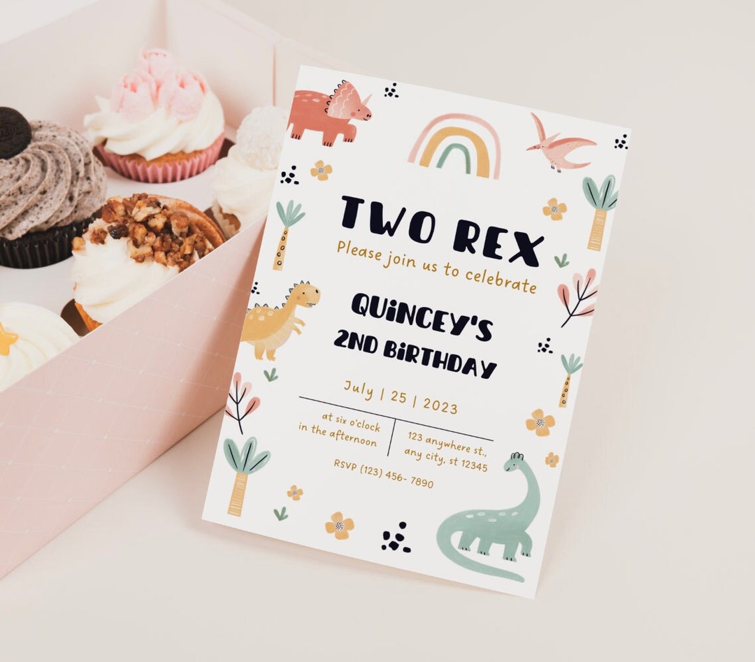 Editable Two Rex Invitation, Girl Dinosaur 2nd Birthday, Instant ...