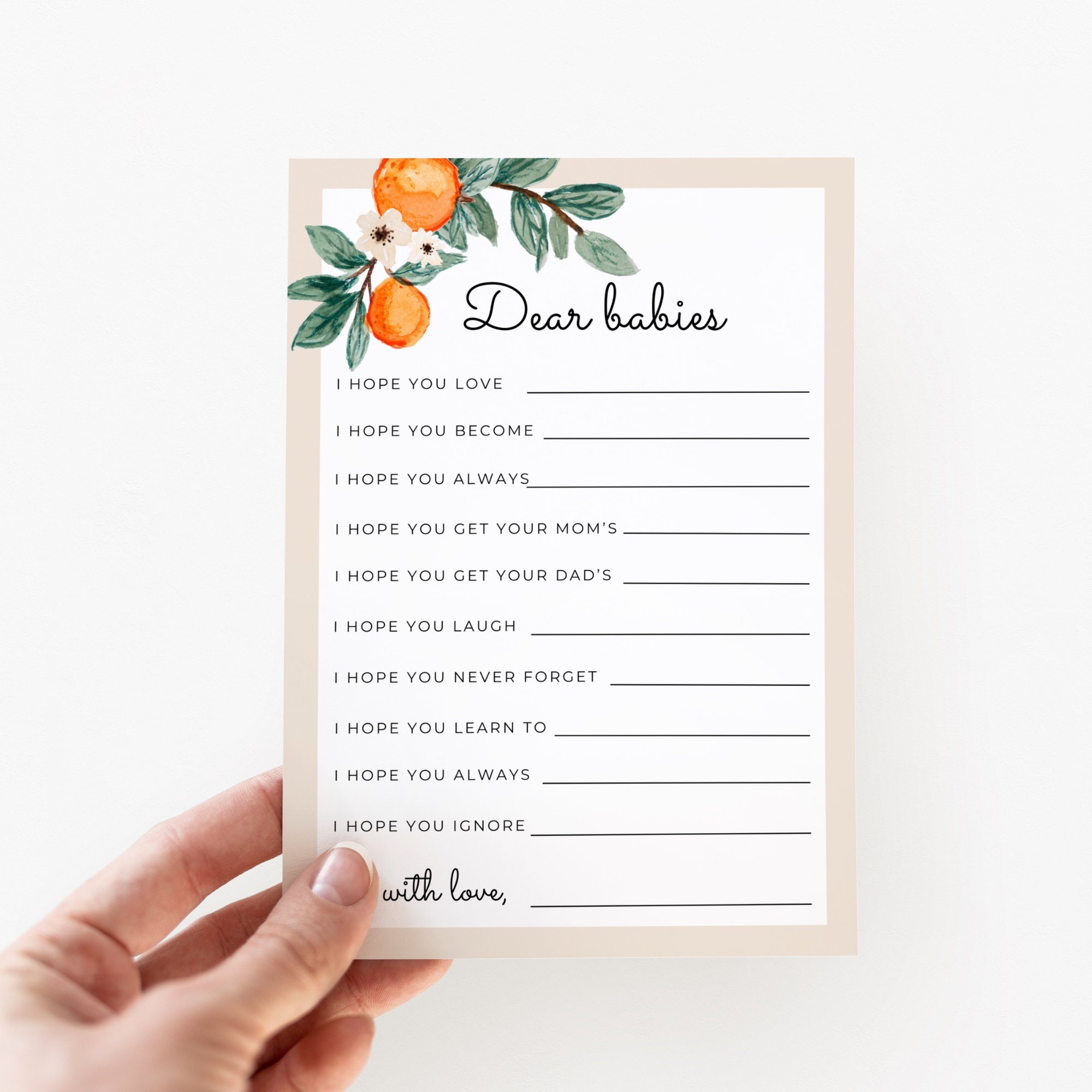 Printable Twin Baby Shower Wishes Card Cutie Dear Babies Wish Cards ...