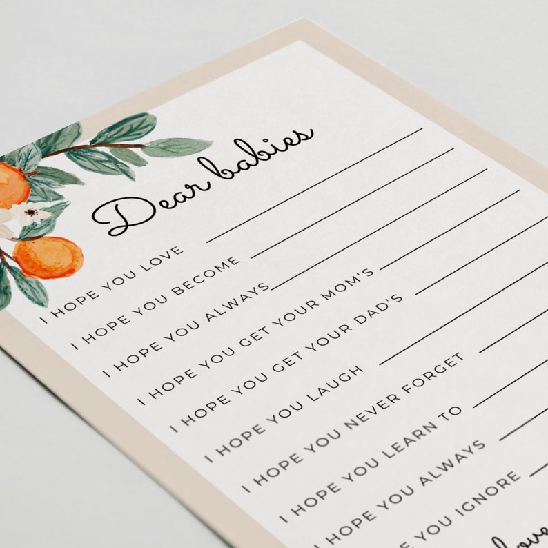 Printable Twin Baby Shower Wishes Card Cutie Dear Babies Wish Cards ...