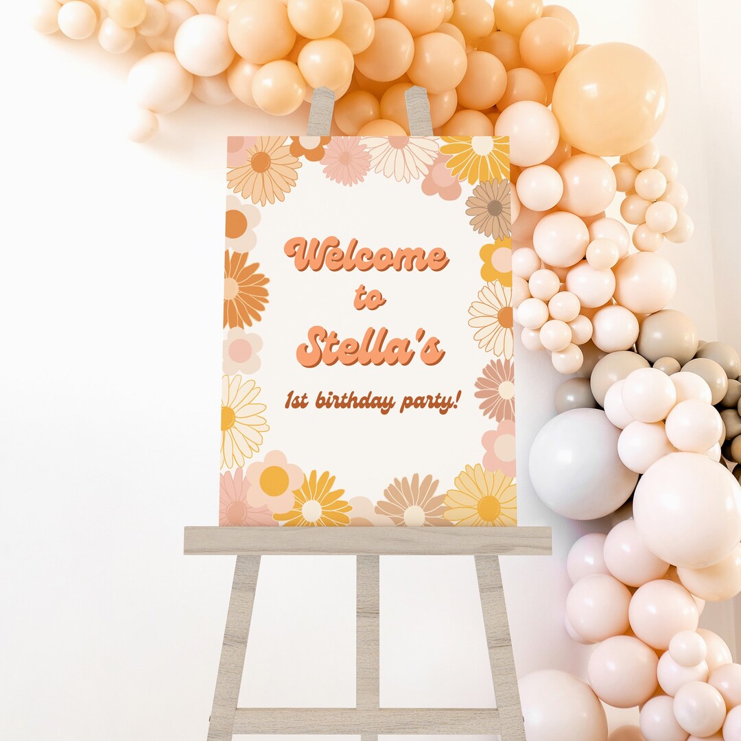 Editable Retro Daisy Birthday Welcome Sign Template Groovy Birthday ...