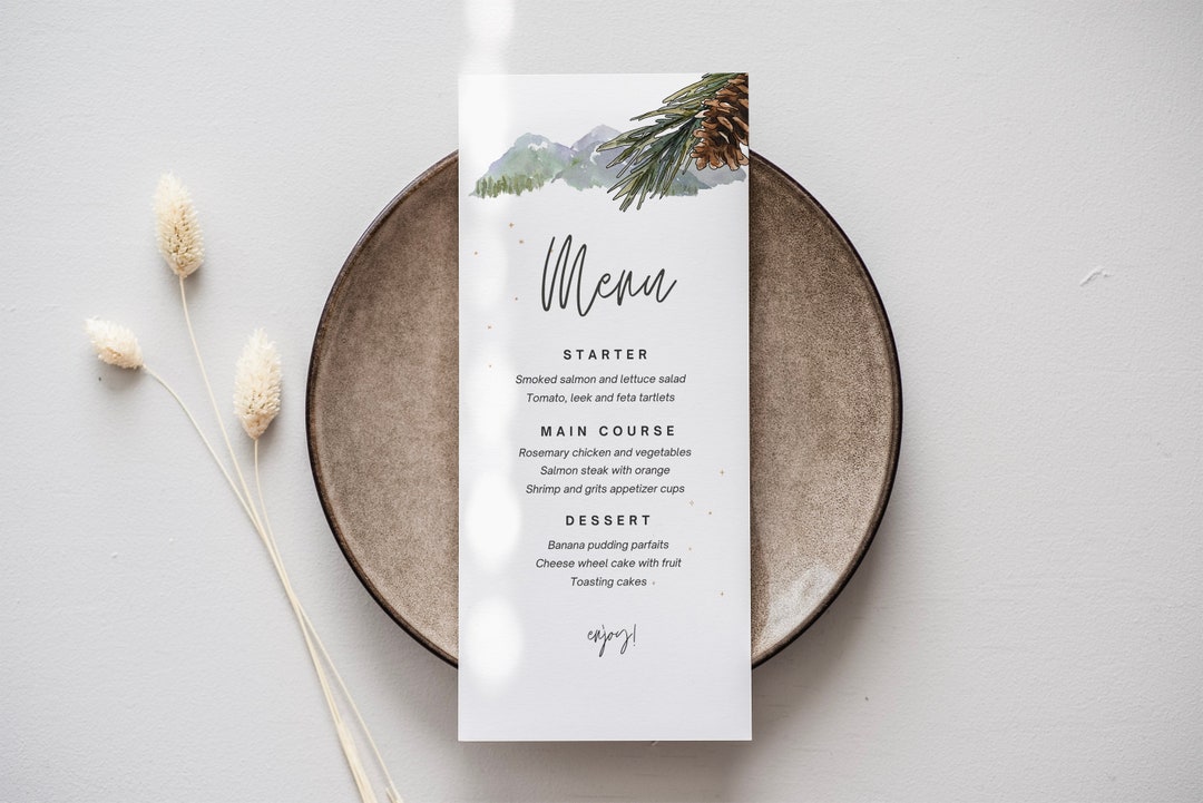 Editable Mountain Menu Template Woodland Wedding Dinner Menu Card ...