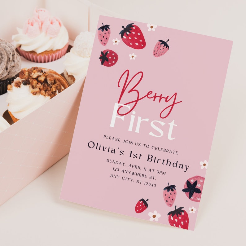 Editable Berry First Birthday Invitation Strawberry 1st Birthday Invite Girl Birthday Ideas ...