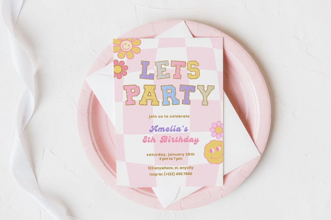 Editable Preppy Varsity Patch Letters Birthday Invitation Pink ...