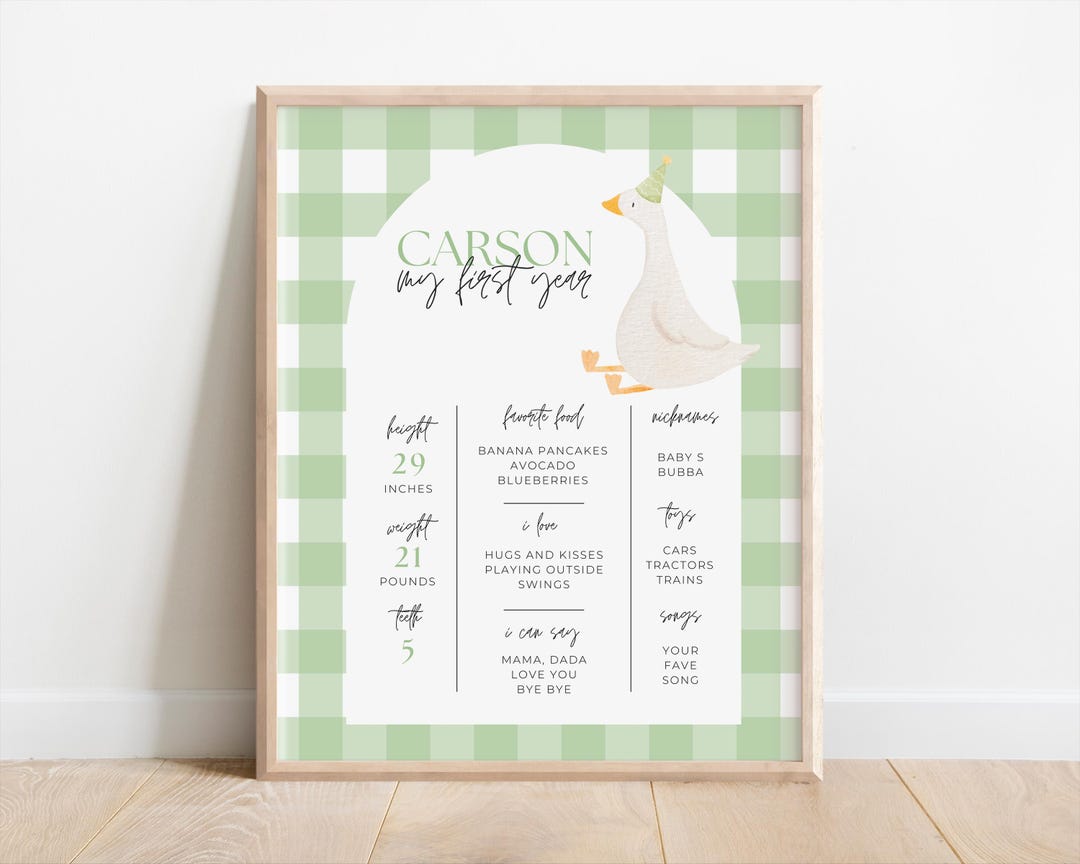 One Silly Goose Birthday Milestone Poster Green Plaid Goose Theme First ...