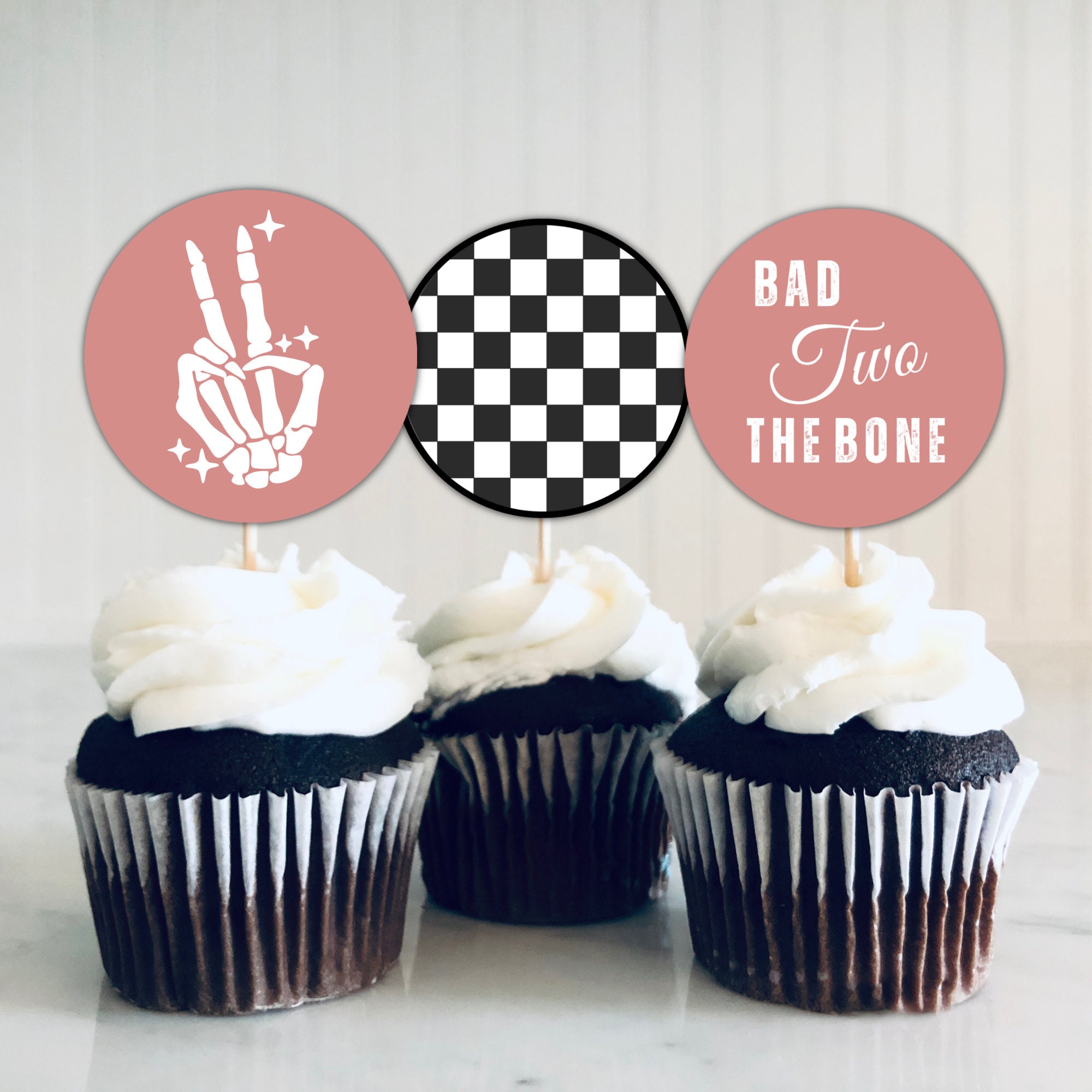 Printable Pink Bad Two the Bone Birthday Cupcake Toppers Biker Theme ...