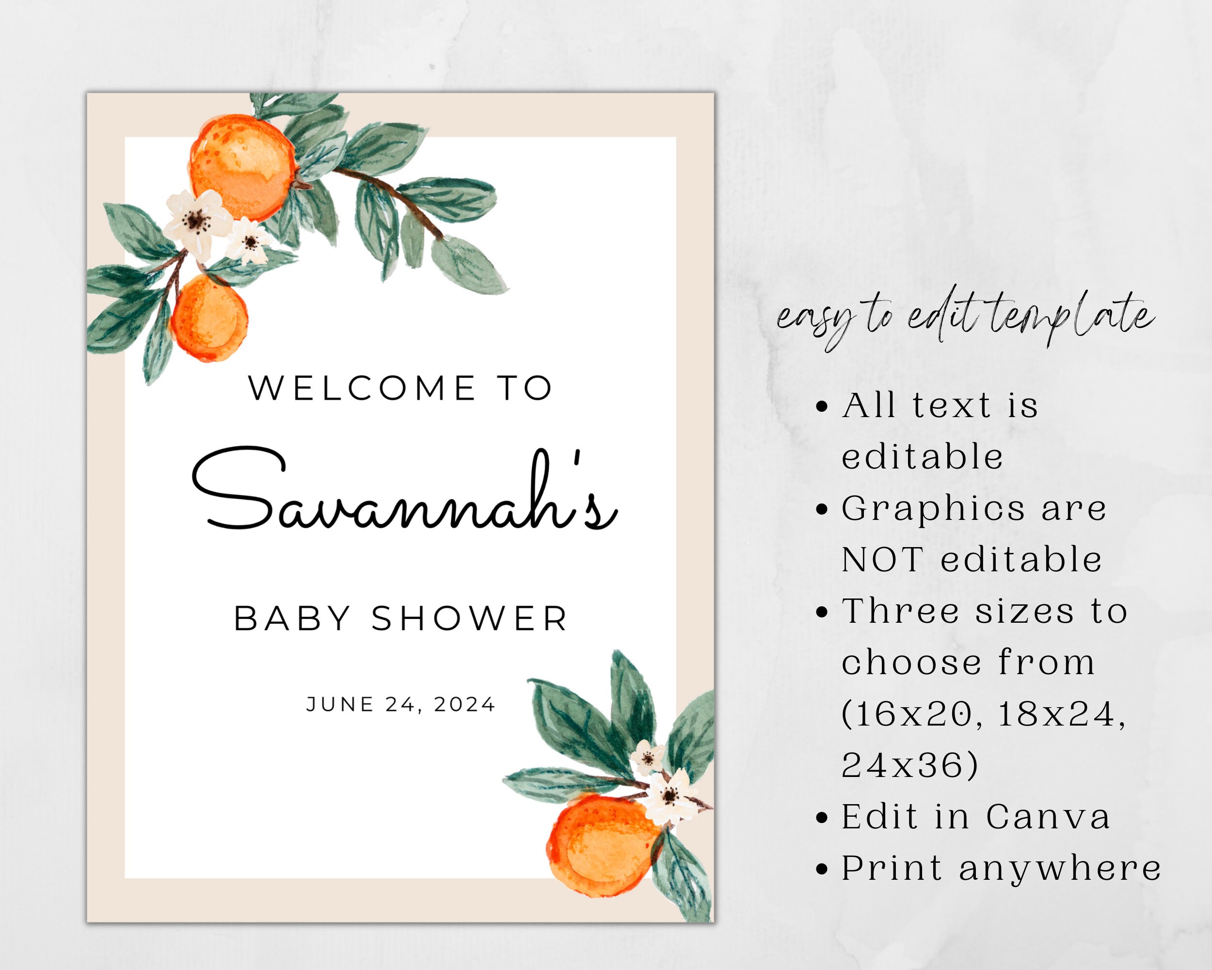 Editable Citrus Welcome Sign Template Canva Cutie Baby Shower Decor ...