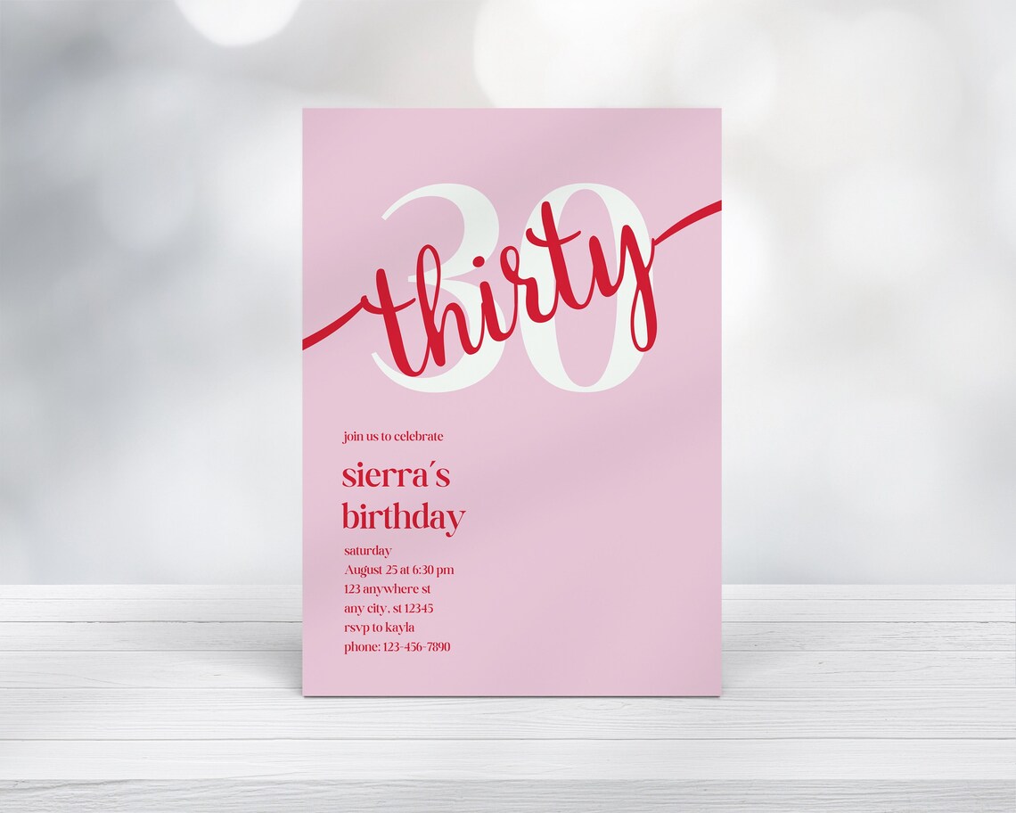 Editable 30th Birthday Invitation for Her Modern Pink 30th Birthday ...