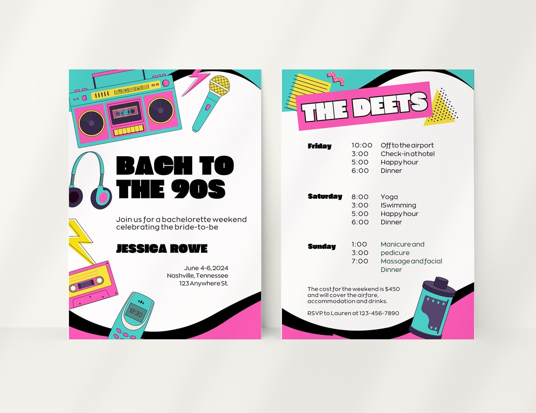 Editable Colorful Bach to the 90s Bachelorette Party Invitation ...