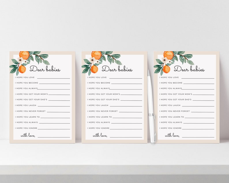 Printable Twin Baby Shower Wishes Card Cutie Dear Babies Wish Cards ...