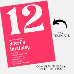 Editable 12th Birthday Invitation Girl Birthday Tween Invite Hot Pink ...