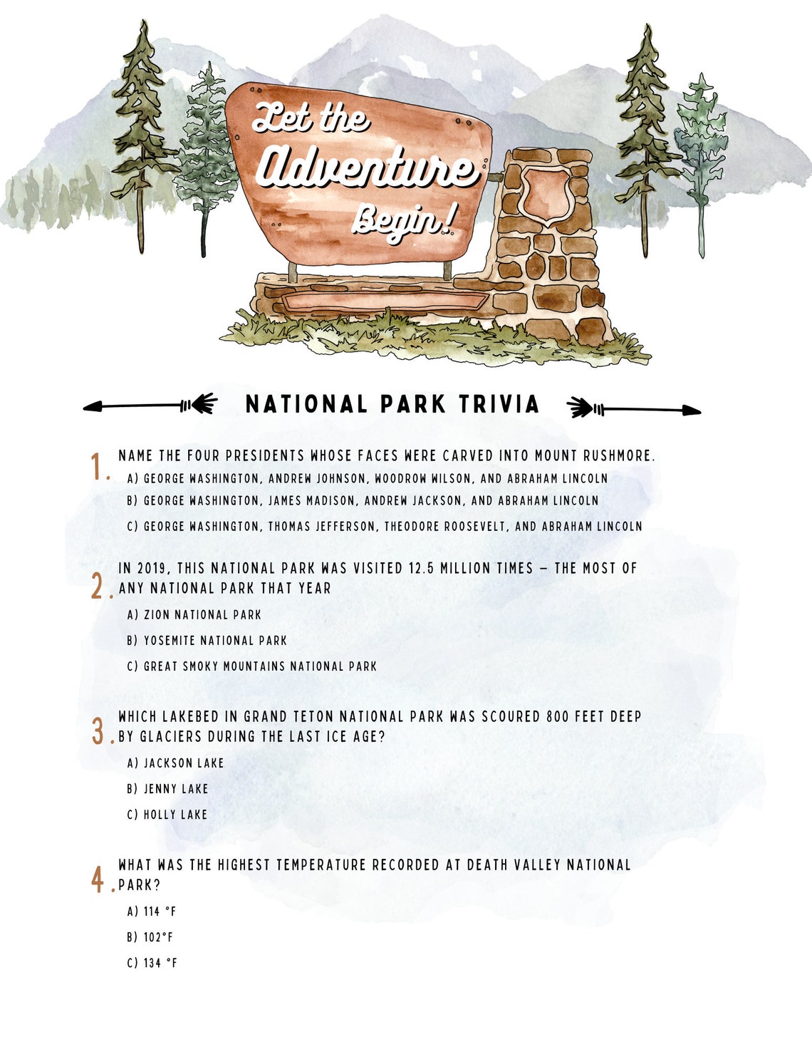 Printable National Park Trivia Game Adventure Baby Shower | Etsy