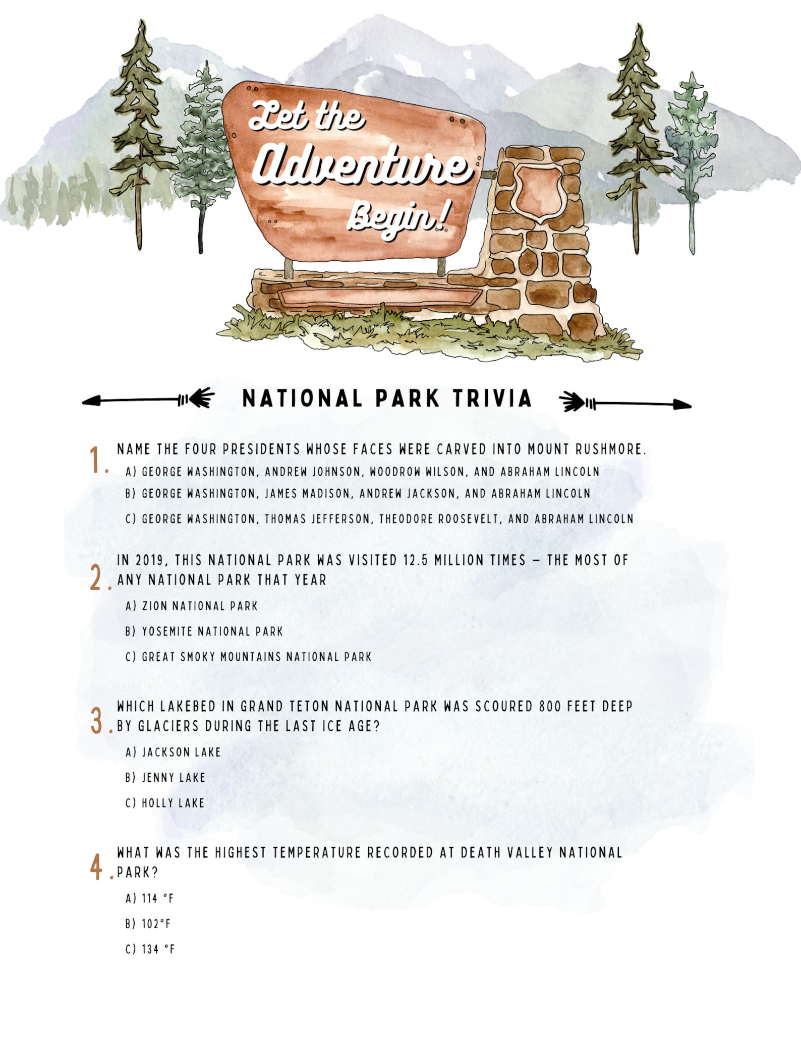 Printable National Park Trivia Game Adventure Baby Shower | Etsy