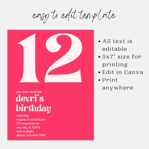 Editable 12th Birthday Invitation Girl Birthday Tween Invite Hot Pink ...