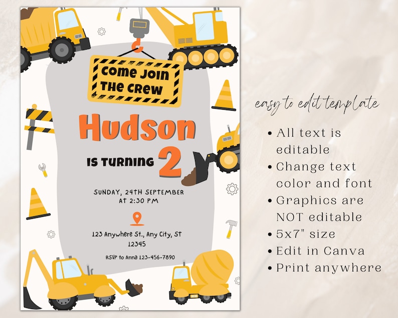 Editable Construction Birthday Party Invitation Construction - Etsy