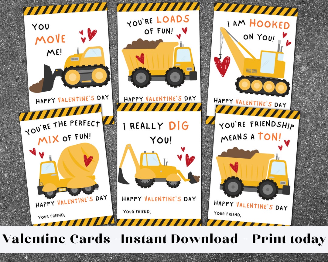 Printable Kid Valentine Day Cards, Construction Valentine Cards, School ...