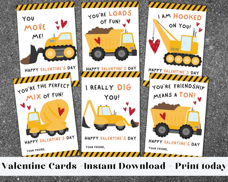Printable Kid Valentine Day Cards, Construction Valentine Cards, School ...