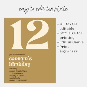 Editable 12th Birthday Invitation Girl Retro Birthday Party Boho Tween ...