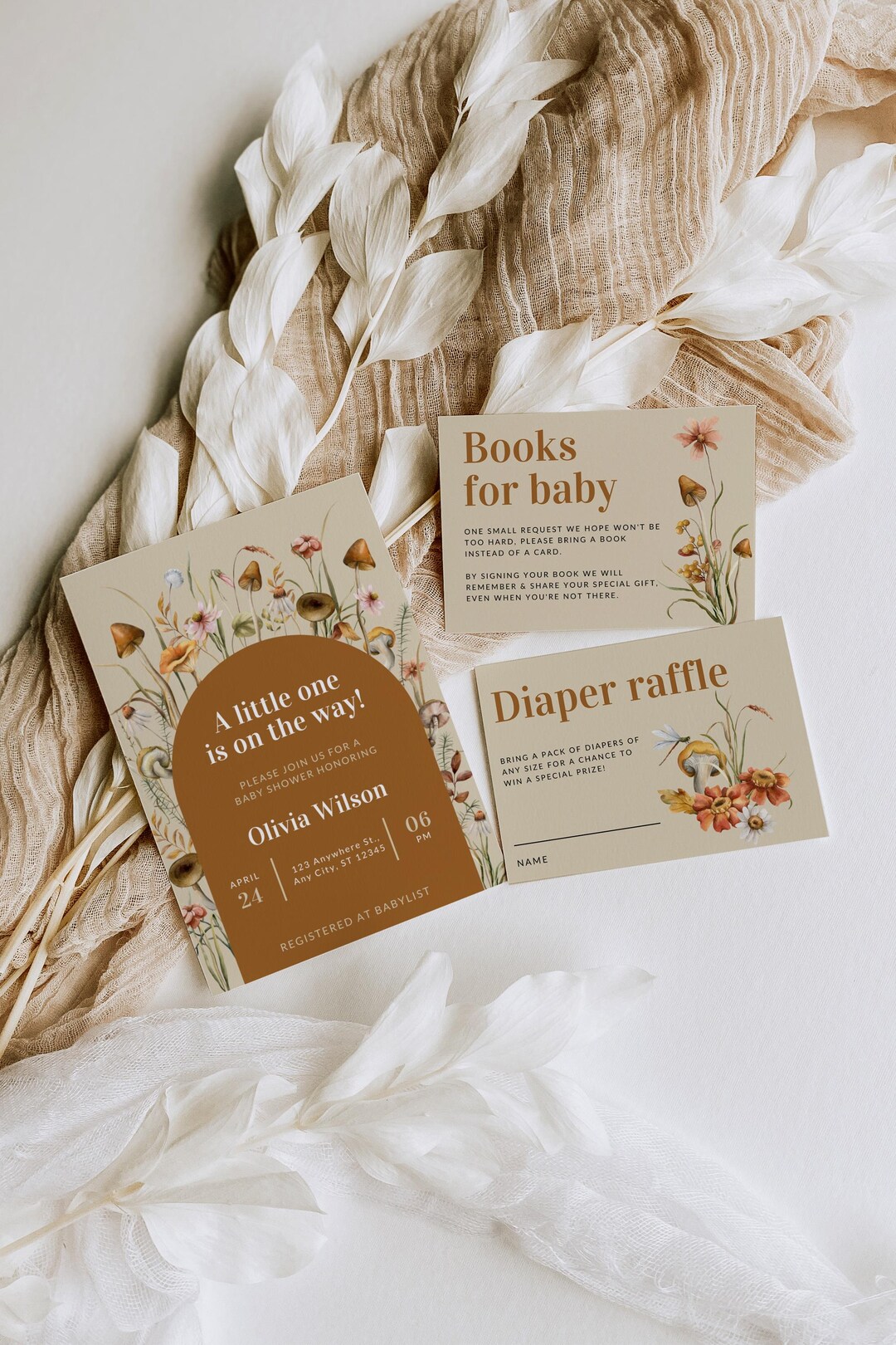 Editable Mushroom Baby Shower Invitation Set Books Request Card Diaper ...