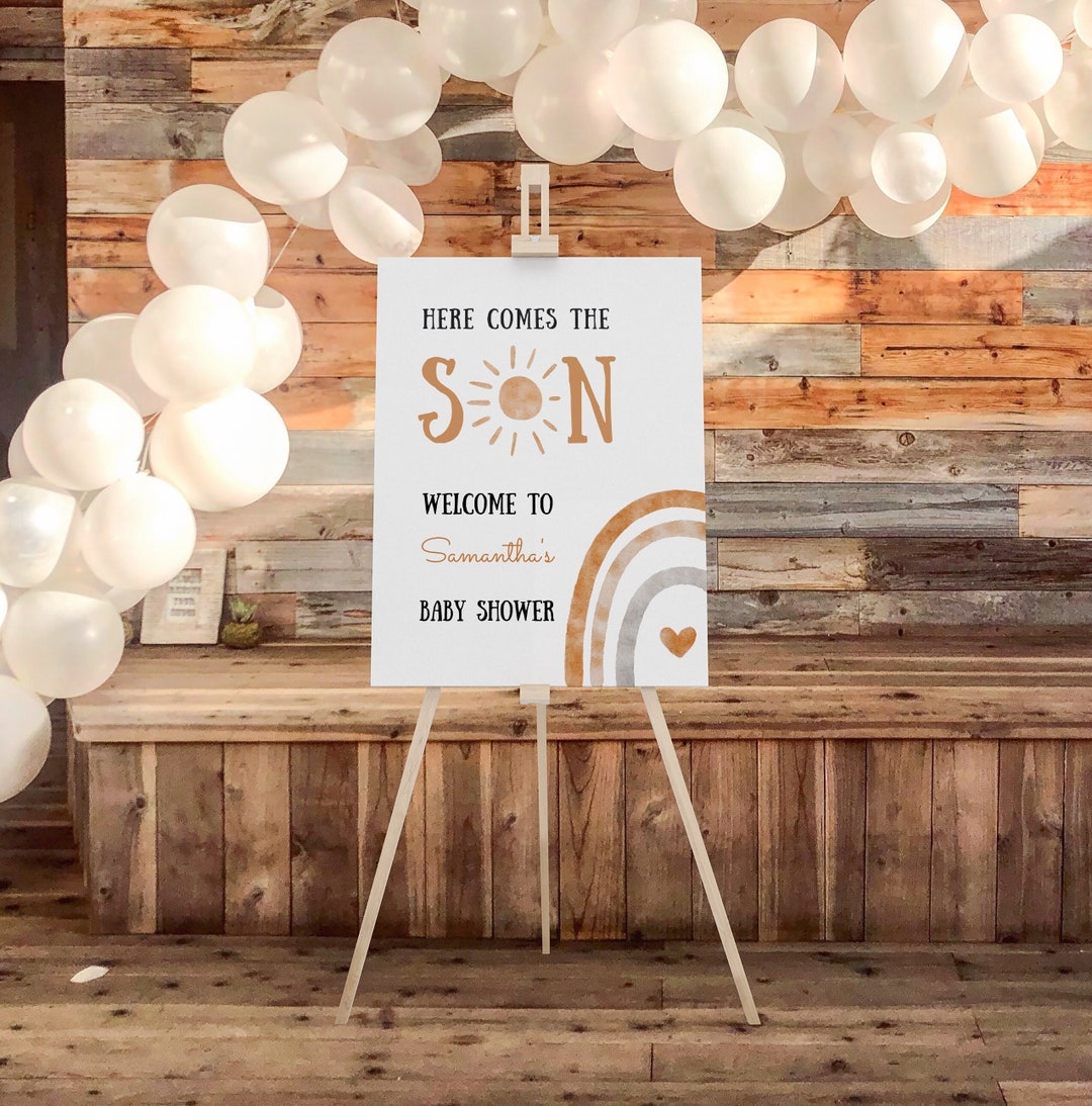 Editable Boho Baby Shower Welcome Sign Boy Here Comes the Sun Baby ...