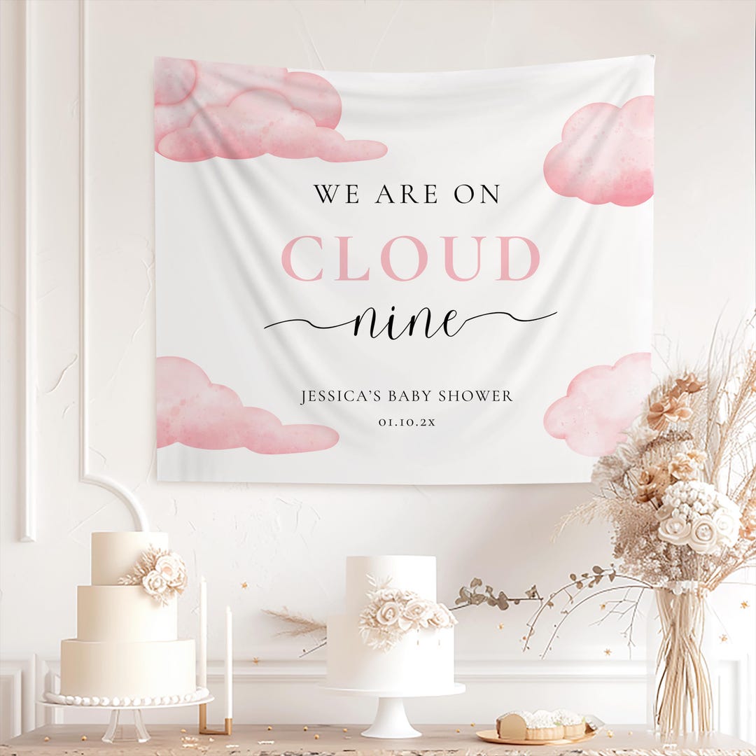 Pink Cloud Nine Baby Shower Personalized Backdrop for Girl Baby Shower ...