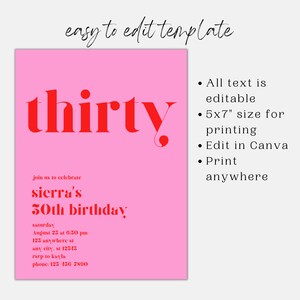 Editable Trendy 30th Birthday Invitation Pink 30th Birthday Invite ...