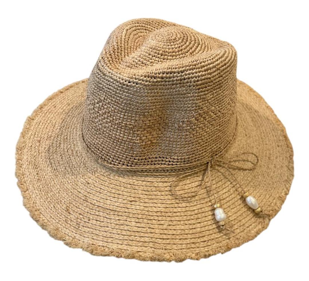 Women’s Natural Raffia Frayed Sun Hat With Fresh Water Pearl ...