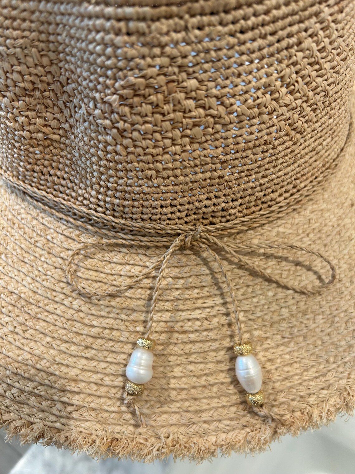 Women’s Natural Raffia Frayed Sun Hat With Fresh Water Pearl ...