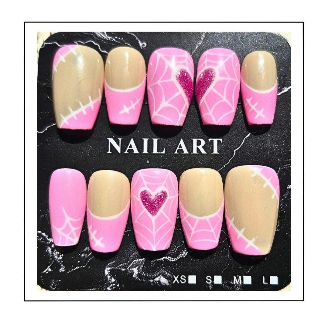 Halloween Press on Nails: Pink French Tip With Spiderweb Hearts - Etsy