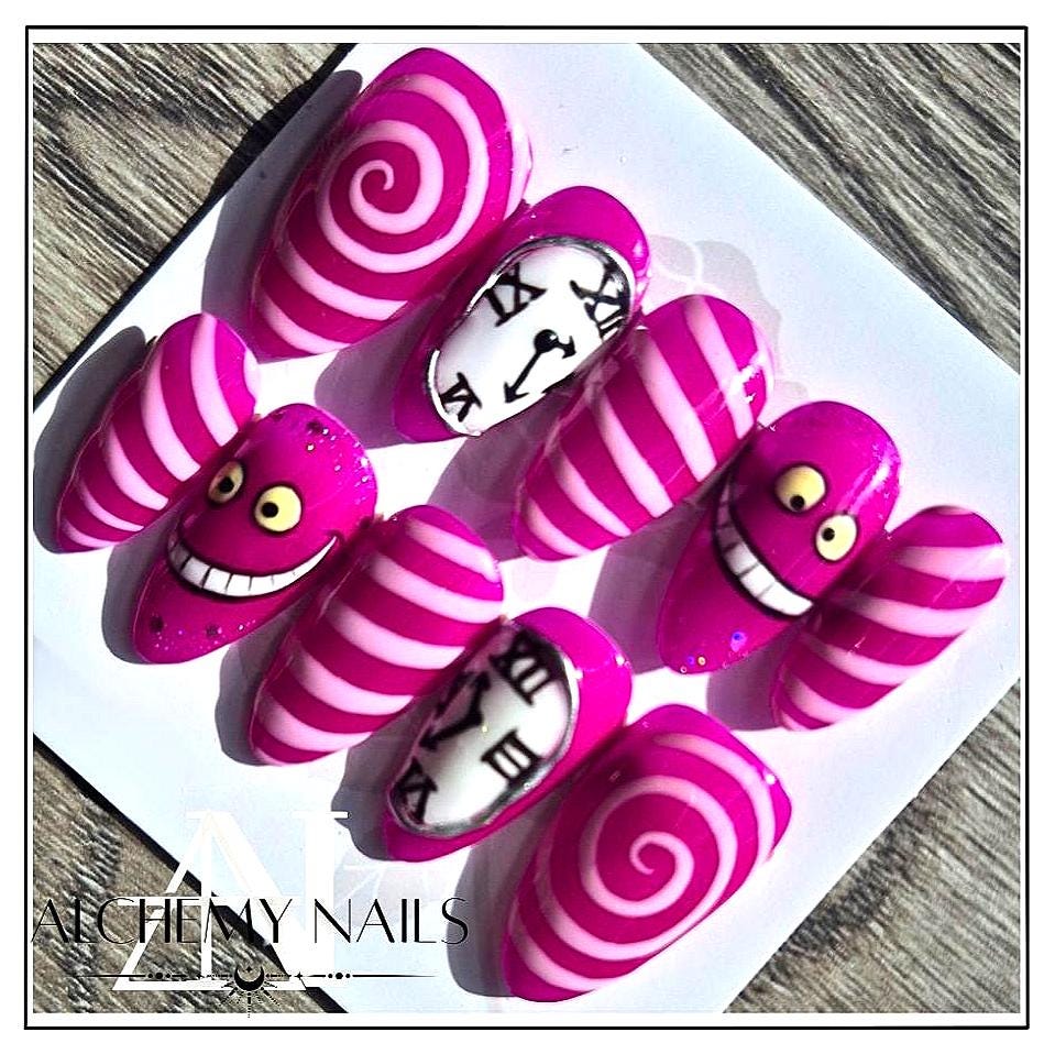 Cheshire Cat Press-on Nails: Pink Purple Swirl, Alice in Wonderland Art ...