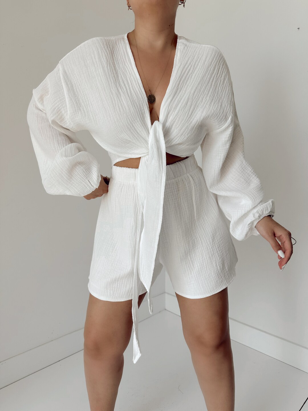 Cotton Blouse.muslin Wrap Top With Puffed Sleeves.double Gauze Blouse.v ...