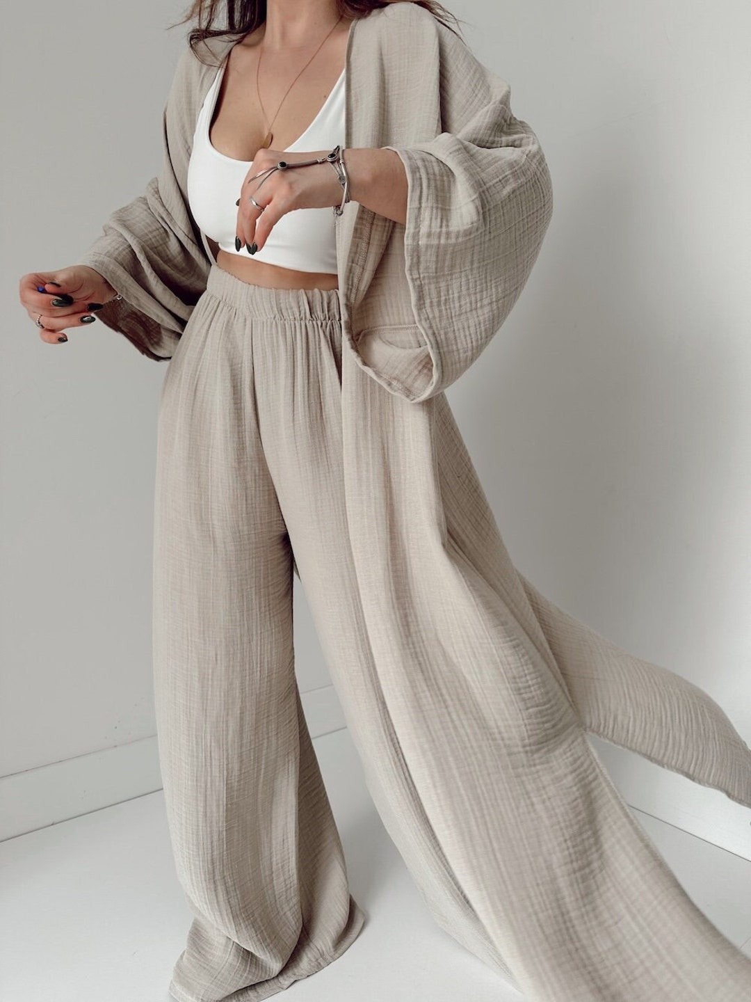 Bohemian Muslin Beige Kimono, Pants 2 Piece Set, Organic Kimono, Plain ...