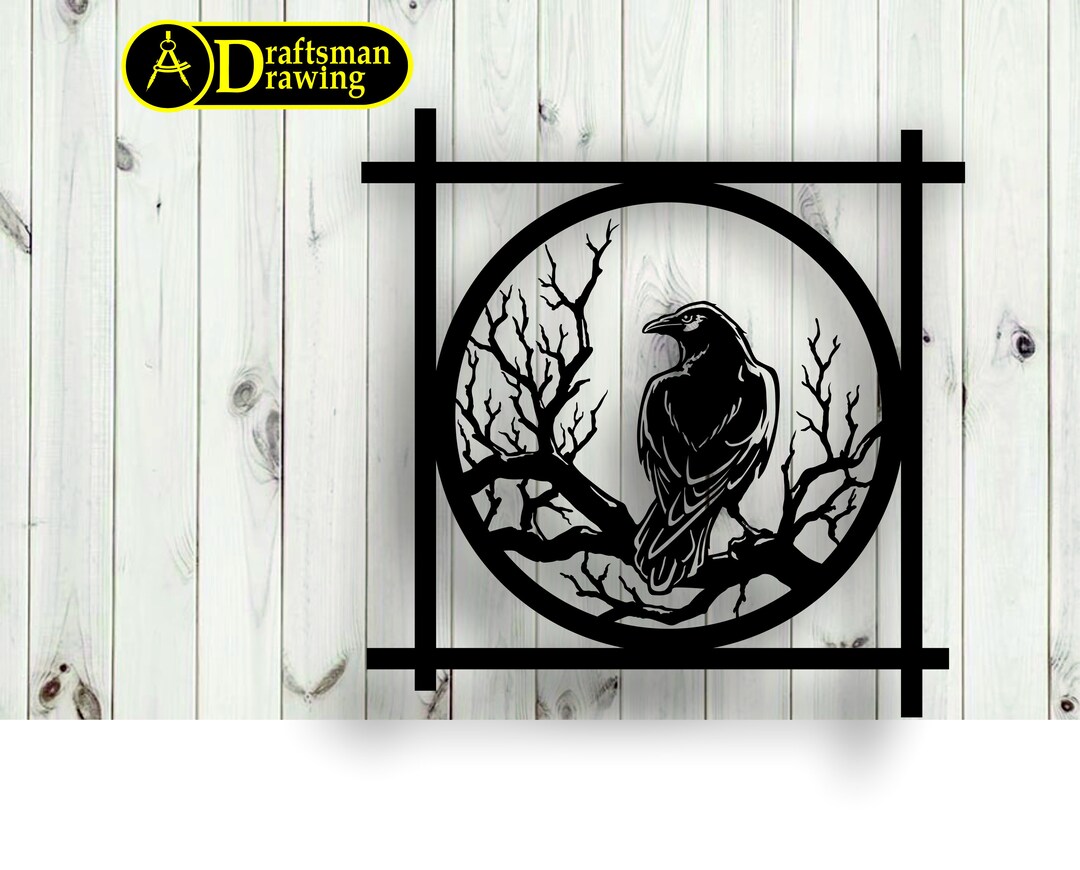 Crow on Branch Wall Art Decor Vector Drawing File for Laser Cutting ...