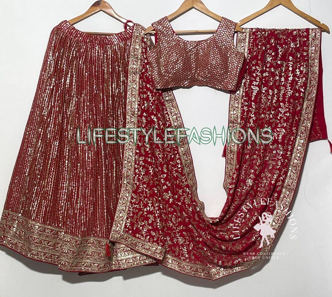 Red Bridesmaids Lehenga Choli for Wedding: Sequins, Cording Work ...