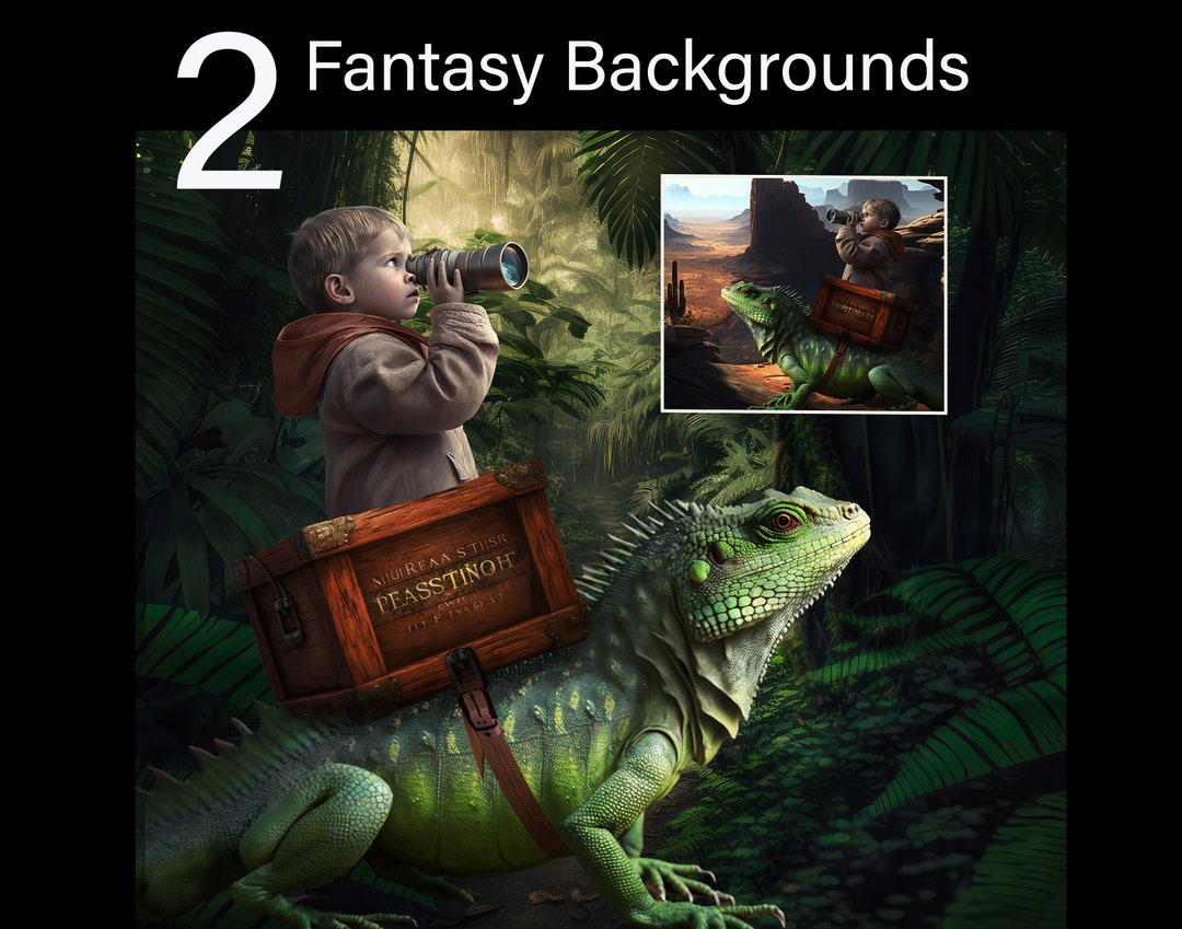 Fantasy Backgrounds Toddler Explorer Riding on a Giant Lizard Digital ...