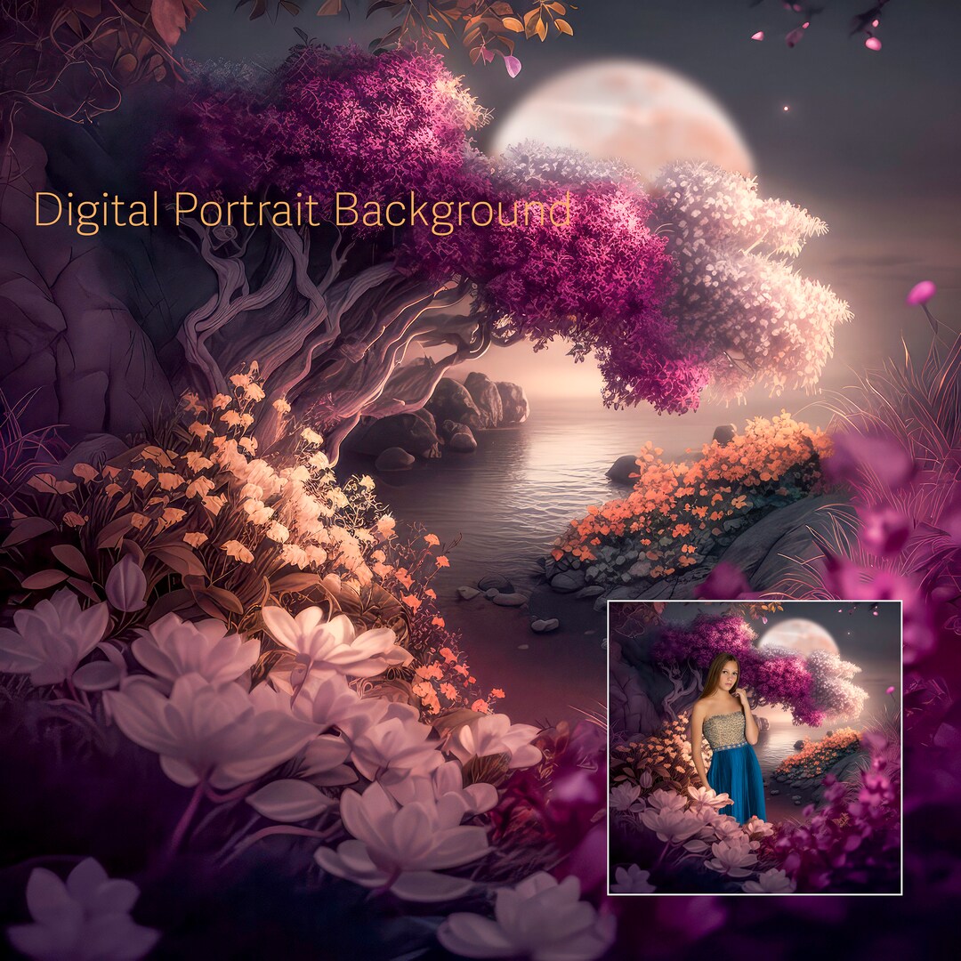 Beautiful Digital Portrait Background the Moon Over a Floral Rocky ...