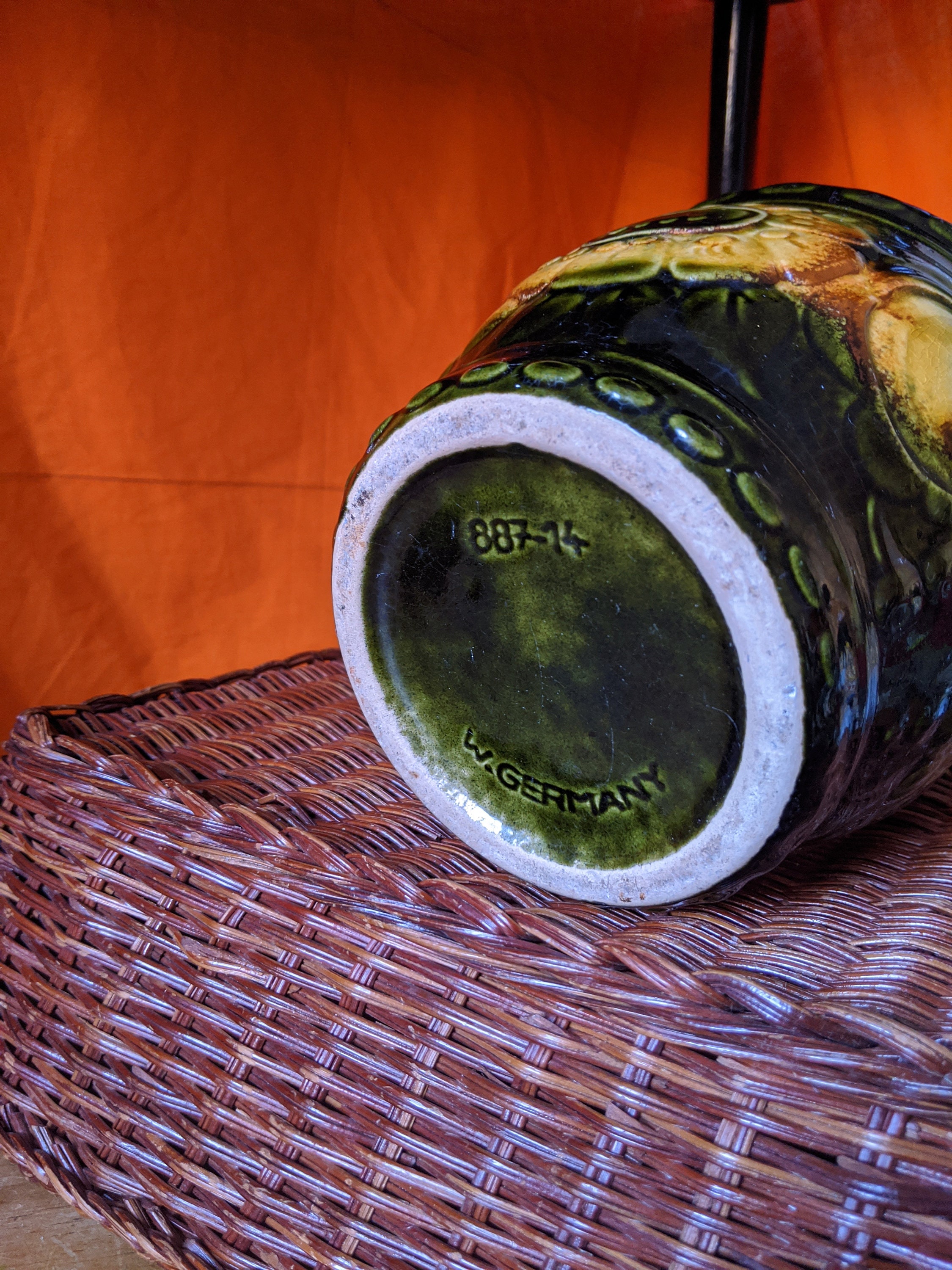 West German Pottery Planter in Deep Green With Yellow Sunflower Design ...