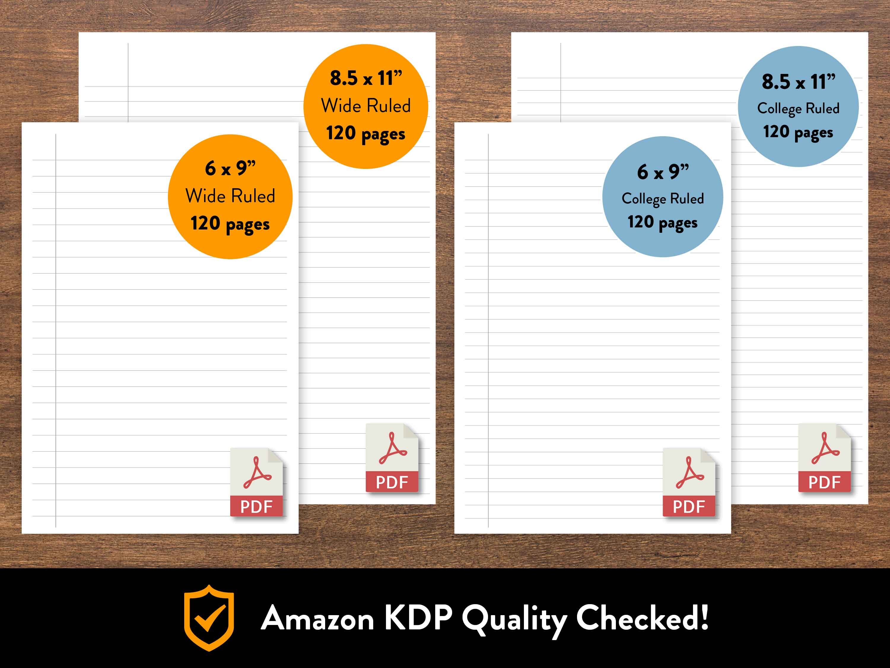 BUNDLE: 4 Pdfs 6x9 & 8.5x11 Both Wide Ruled and College Ruled Lined ...